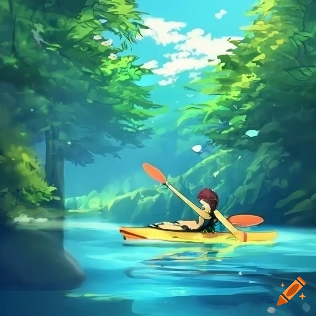 Summer kayaking in a forest setting in anime art style on Craiyon
