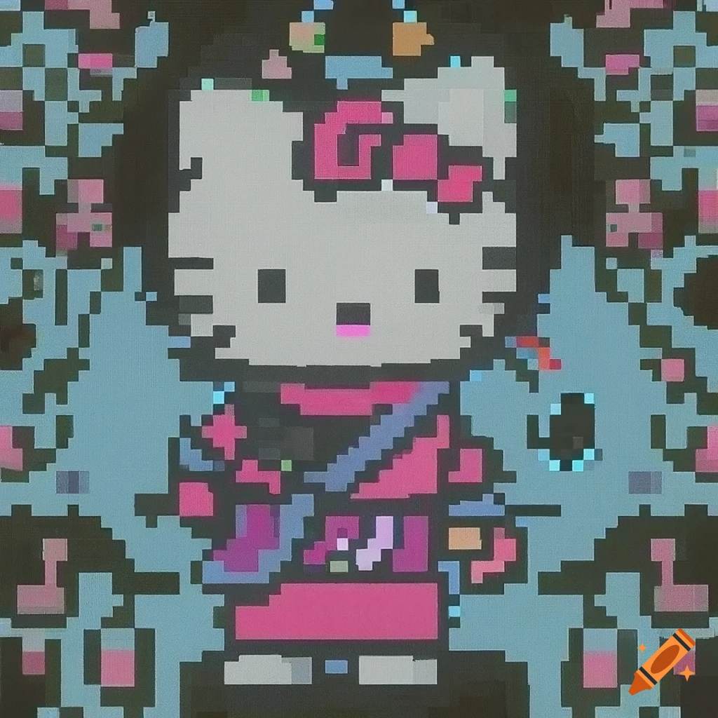 Pixel art of a hello kitty ninja with dithering technique on Craiyon
