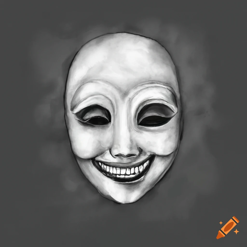 Smiling porcelain mask on black background on Craiyon