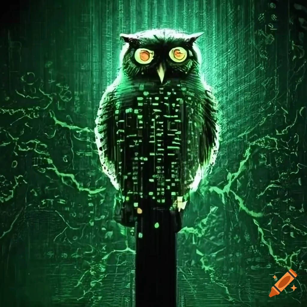 Computer hacker owl in a matrix-like environment on Craiyon