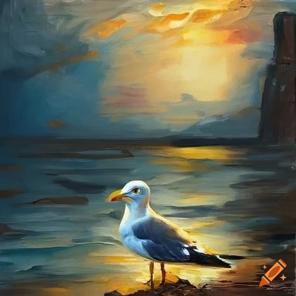 Happy seagull in ruins depicted in an oil painting on Craiyon