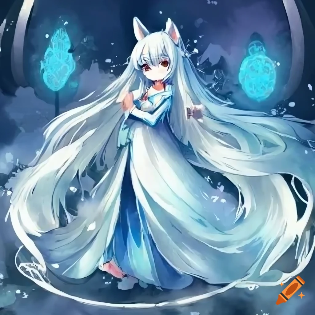 Ghost mouse with long glowing white hair in flowing robe, watercolor ...