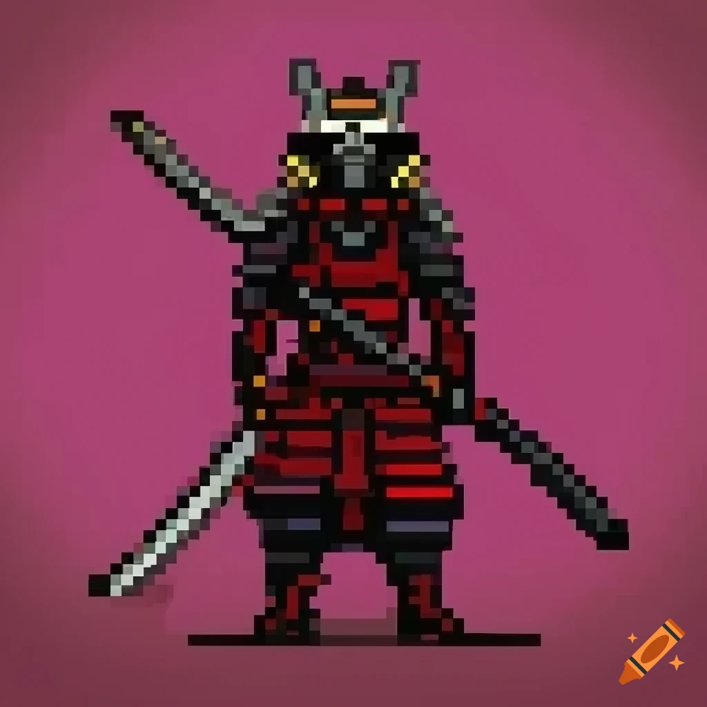 Pixel art of a samurai with dithering technique on Craiyon