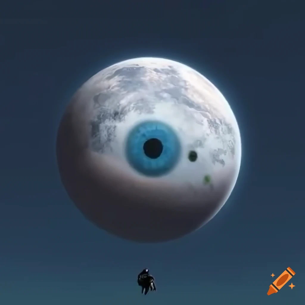 Man looking at giant eyeball planet in the sky on Craiyon