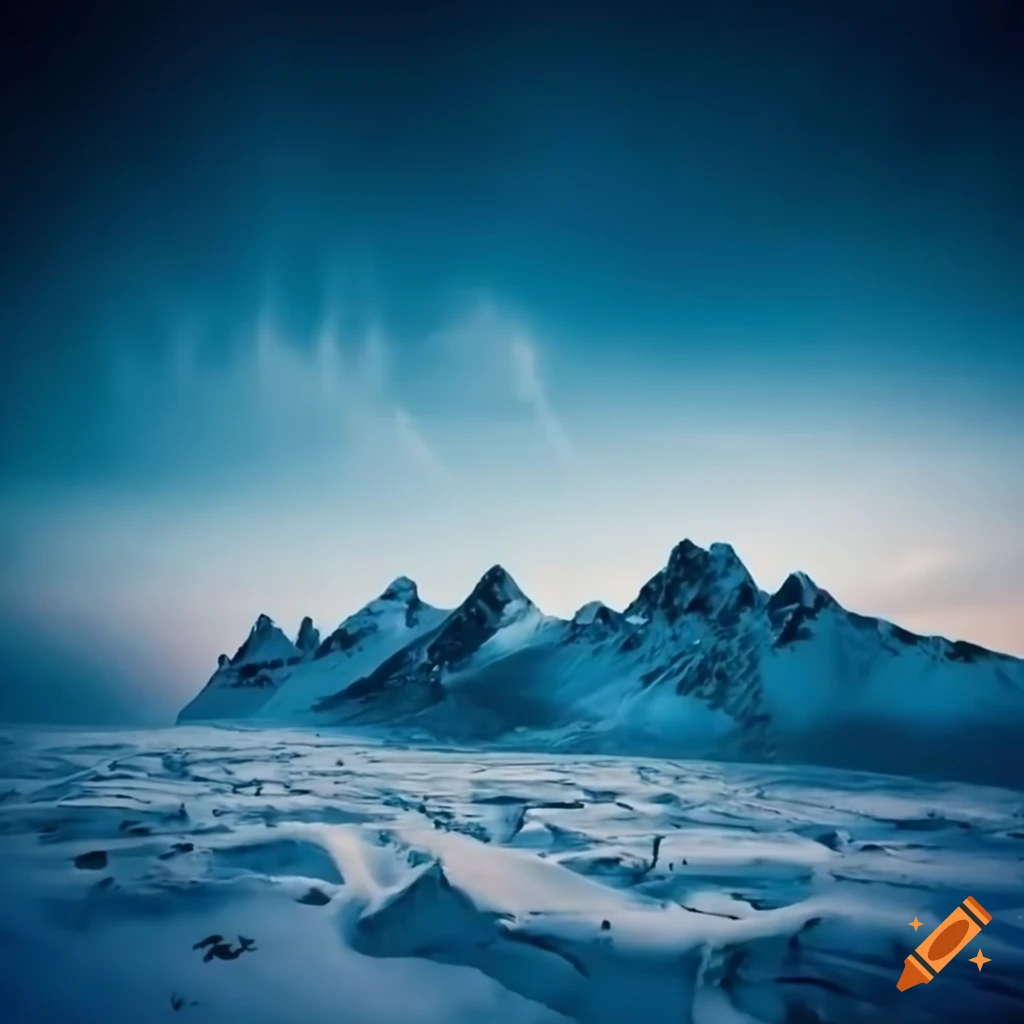 Frozen mountains with snow and ominous storm approaching on Craiyon
