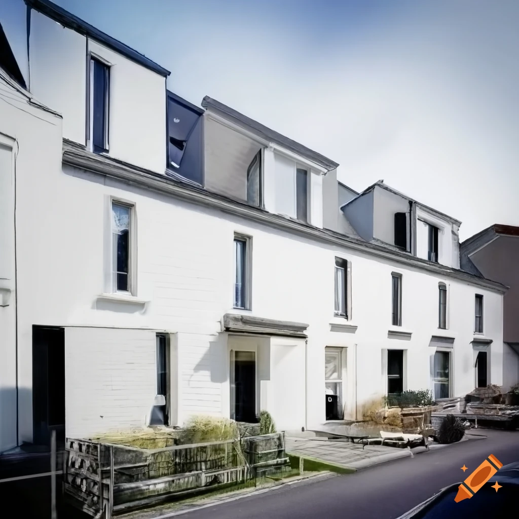 White modern mid-terrace house in a row of terraced houses on Craiyon