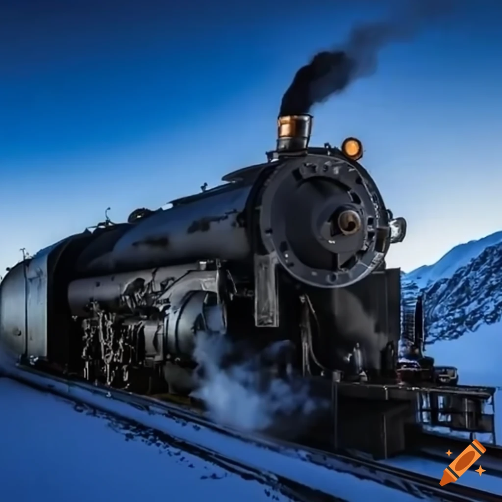 Steam engine approaching among snowy peaks on Craiyon