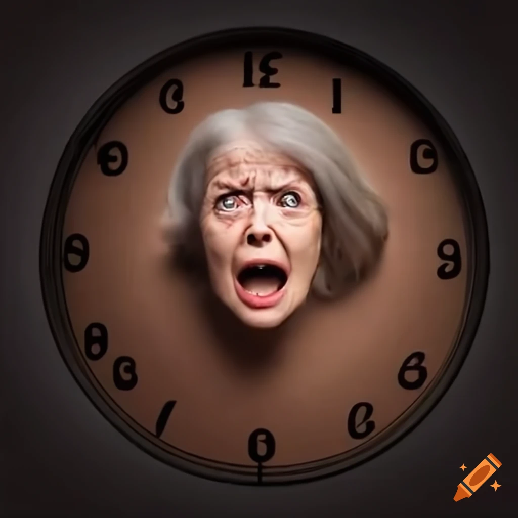 Scared old woman chased by a sinister laughing clock on Craiyon