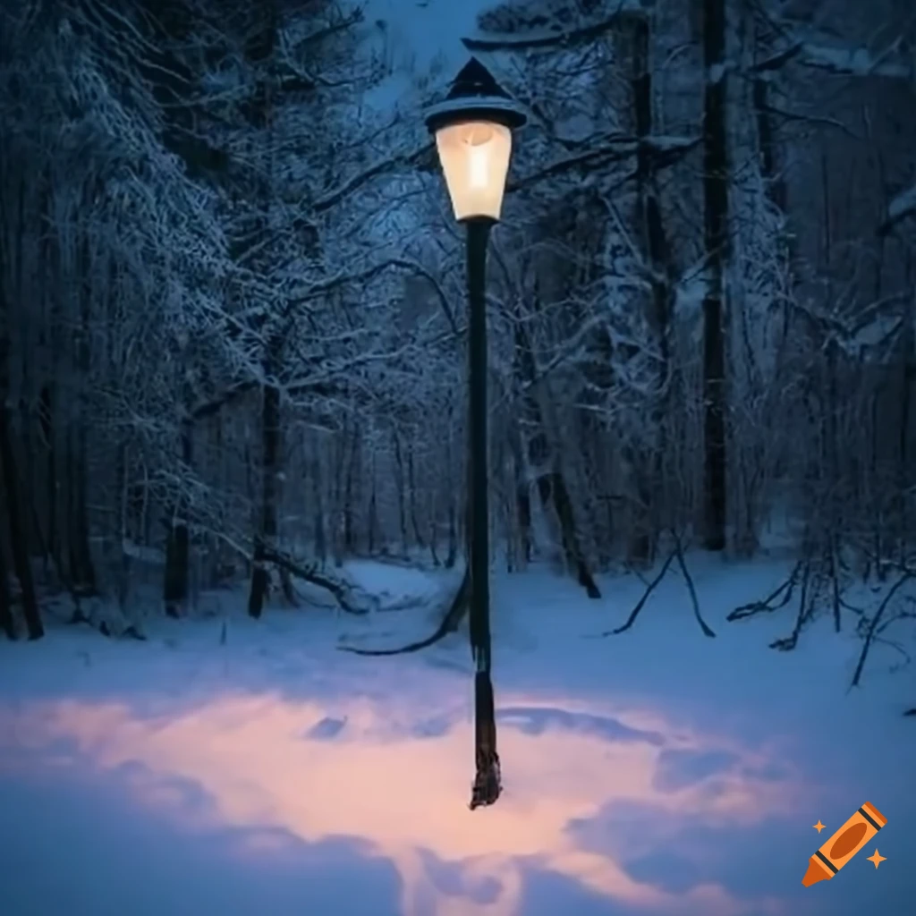 Lamp post in a snowy forest on Craiyon