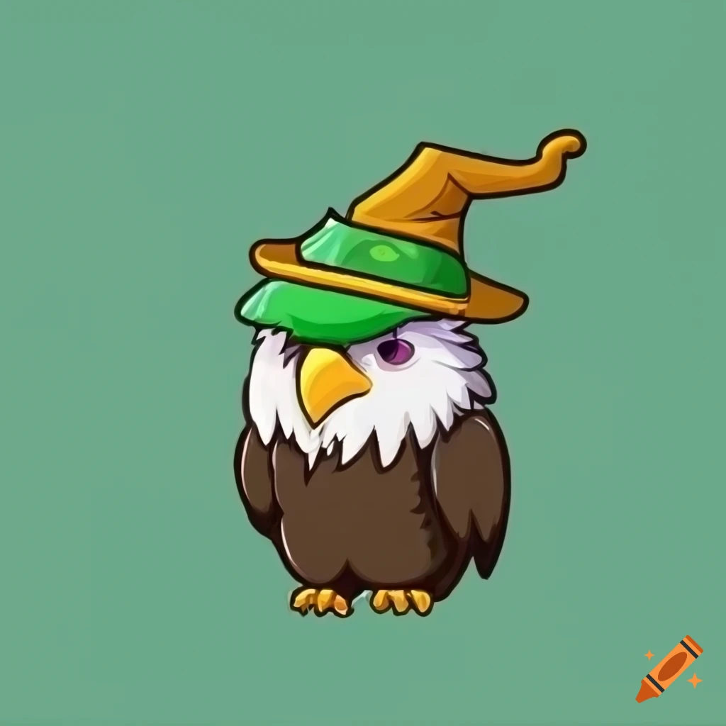 Kawaii chibi bald eagle in a green witch hat on Craiyon