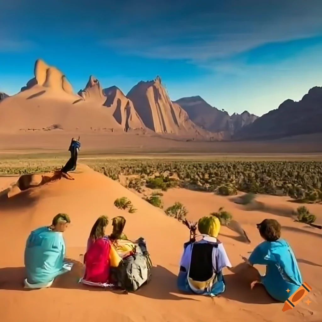 Group of hikers enjoying fruits in the desert landscape on Craiyon