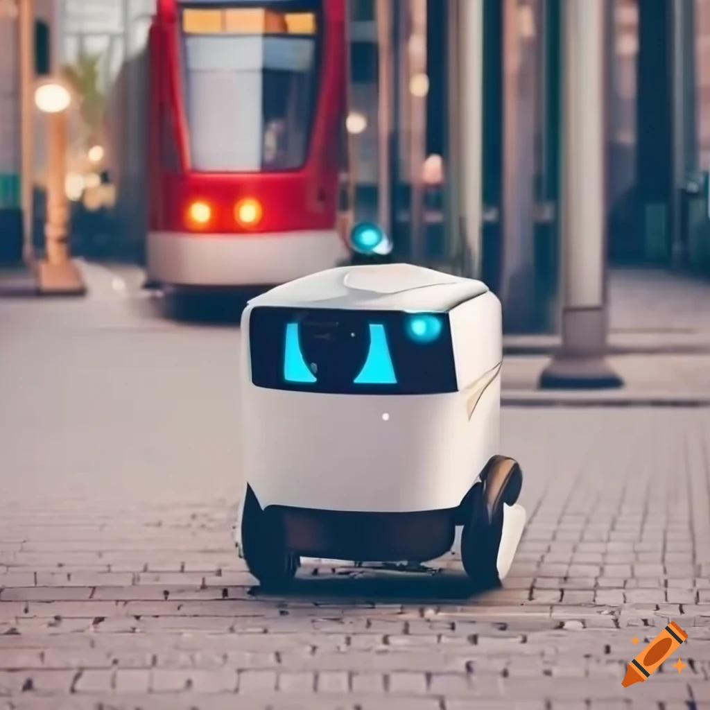 Delivery robot with packages at a tram station with tram in background ...