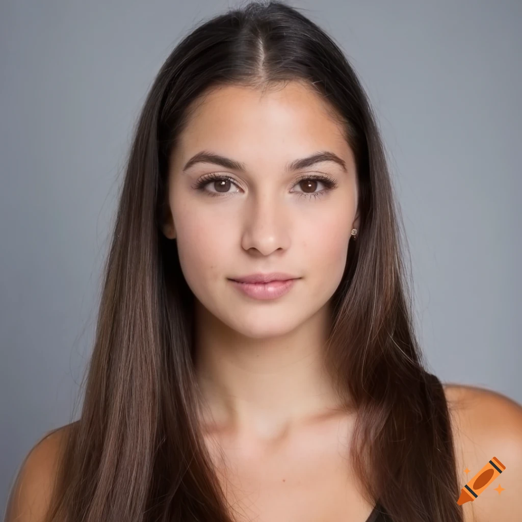 Headshot of a beautiful 22-year-old female with brunette hair, serious ...