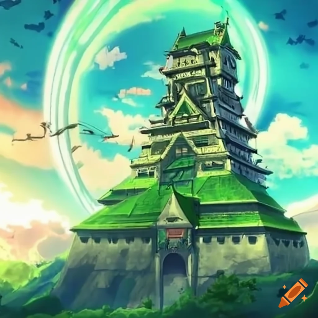 Anime castle tower top with green roof on Craiyon