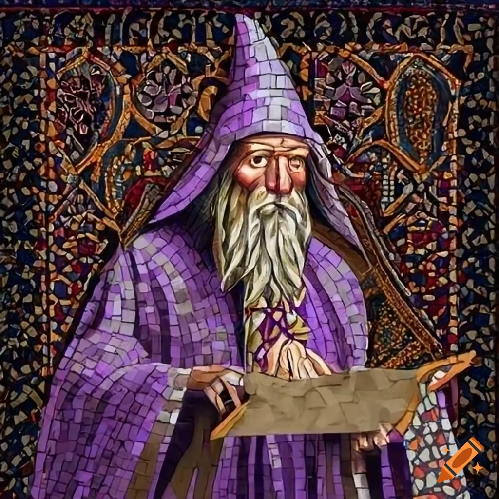 Intricately detailed mosaic of a wise wizard with a scroll and purple ...