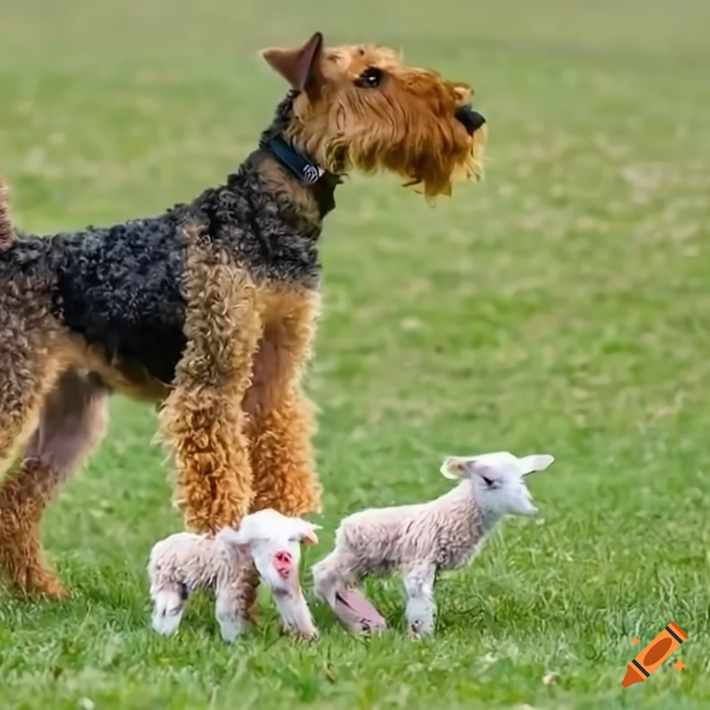 Airedale terrier herding lambs on a farm on Craiyon