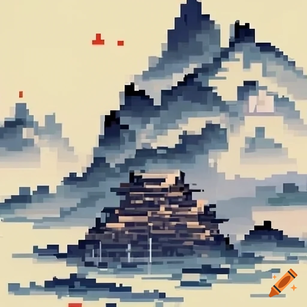 Pixel art with dithering technique and traditional chinese ink painting ...