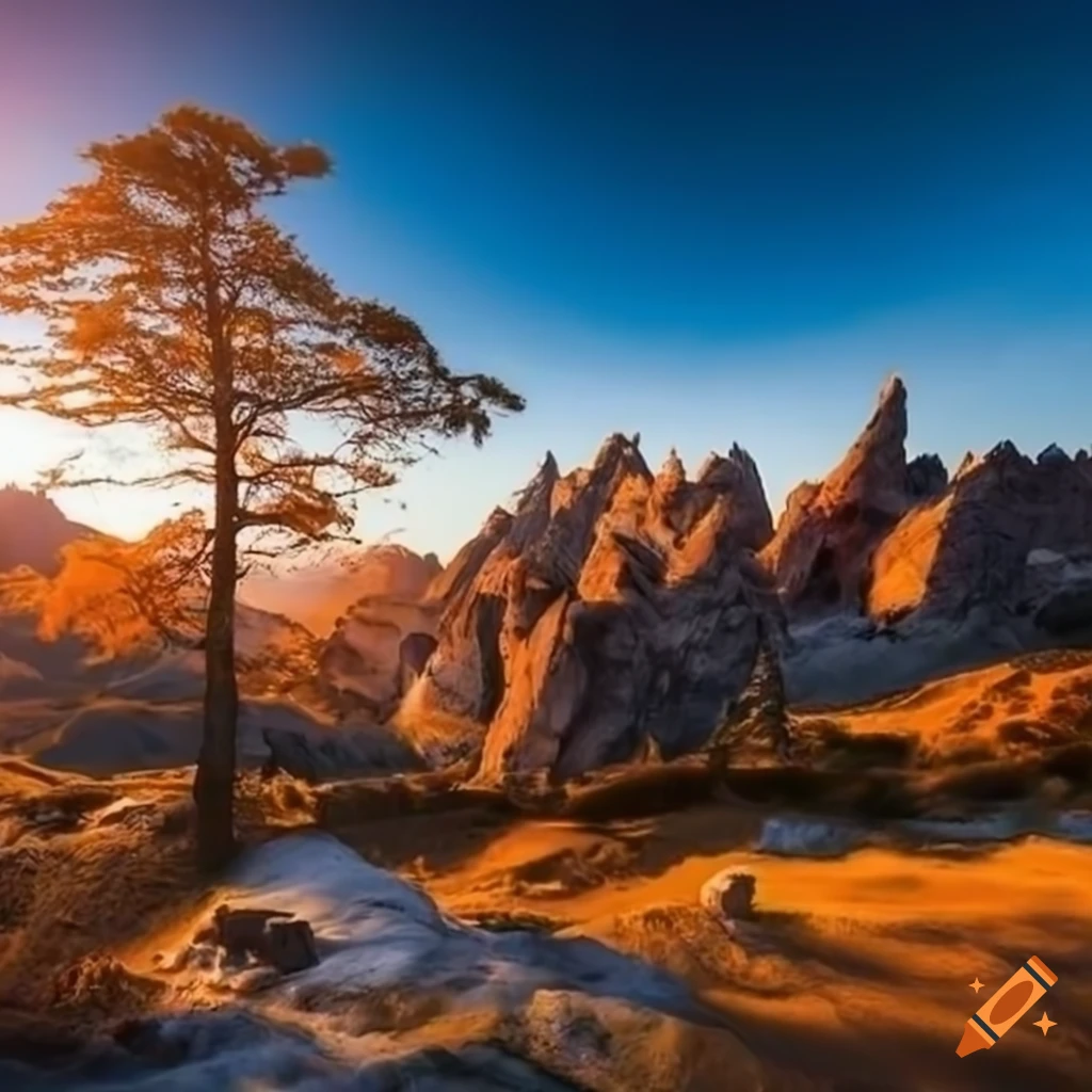 Mystical mountains with fanciful rock formations in a mystical ...