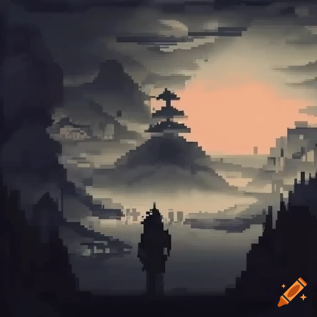Pixel art with dithering inspired by traditional chinese ink painting ...