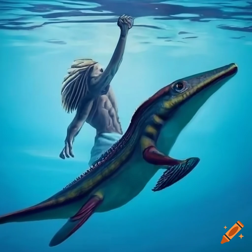 Jesus riding an ichthyosaur on Craiyon