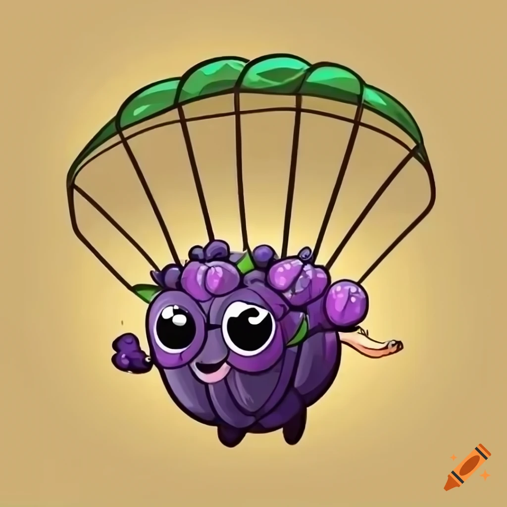 Cheerful blackberry cartoon flying with a parachute on Craiyon