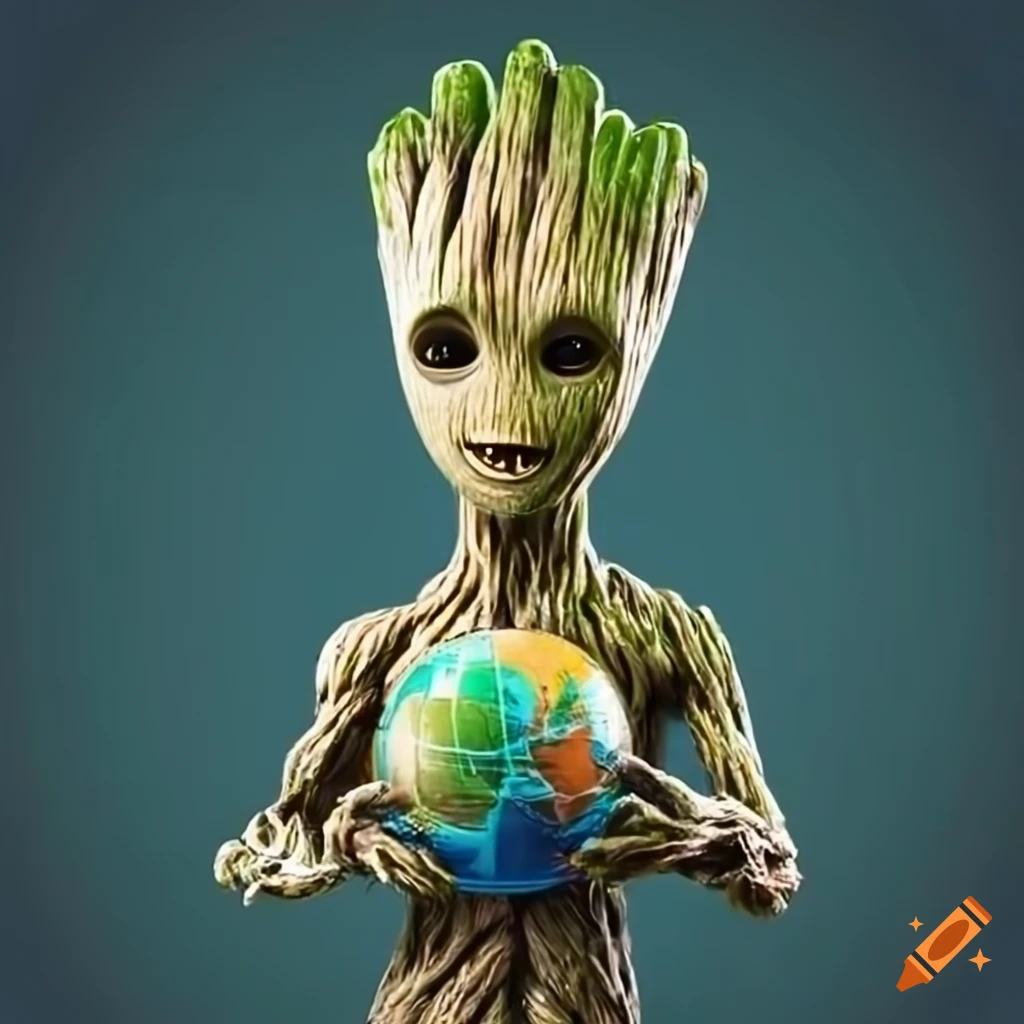 Green groot character holding a globe on Craiyon