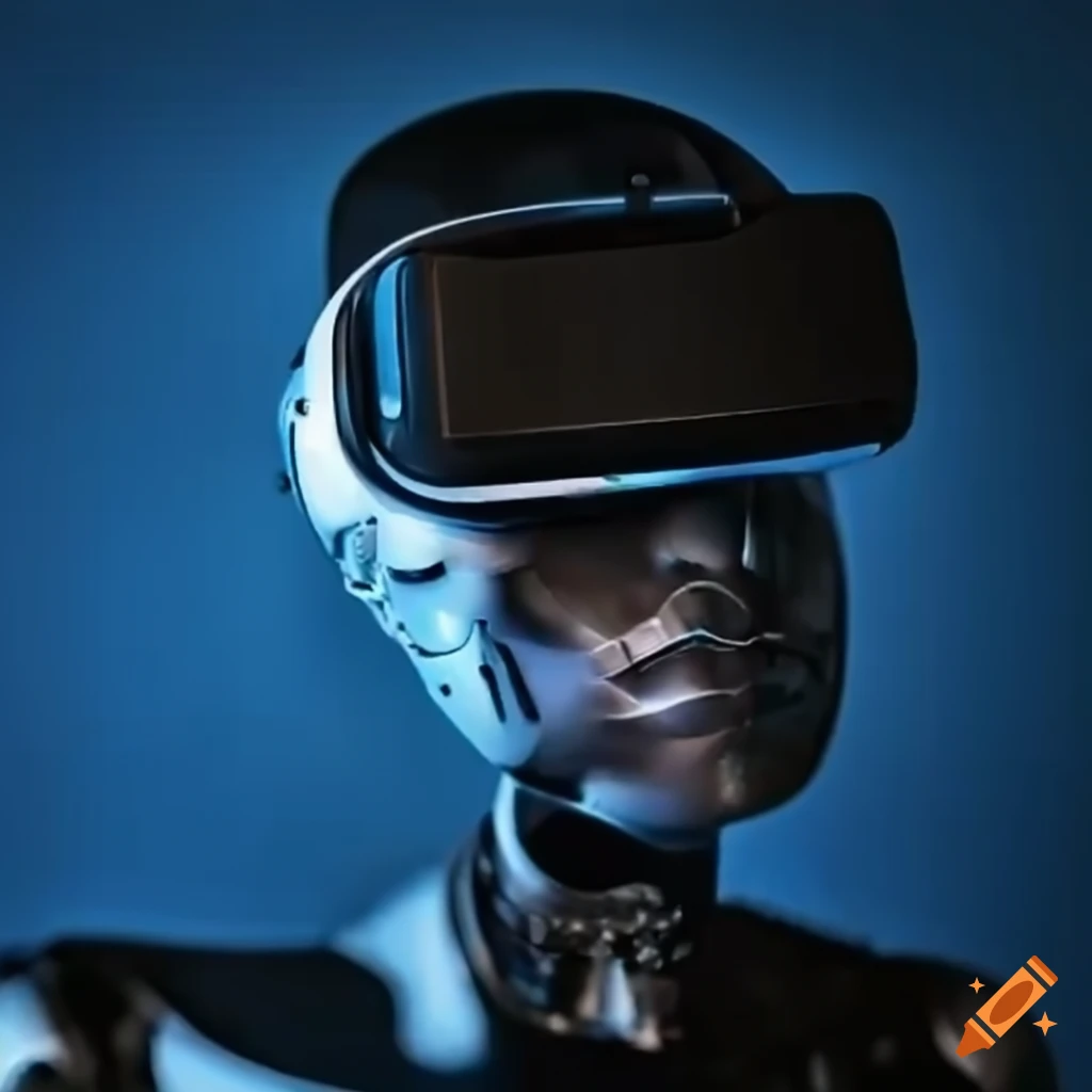 Futuristic ai robot with vr headset and digital dots on Craiyon