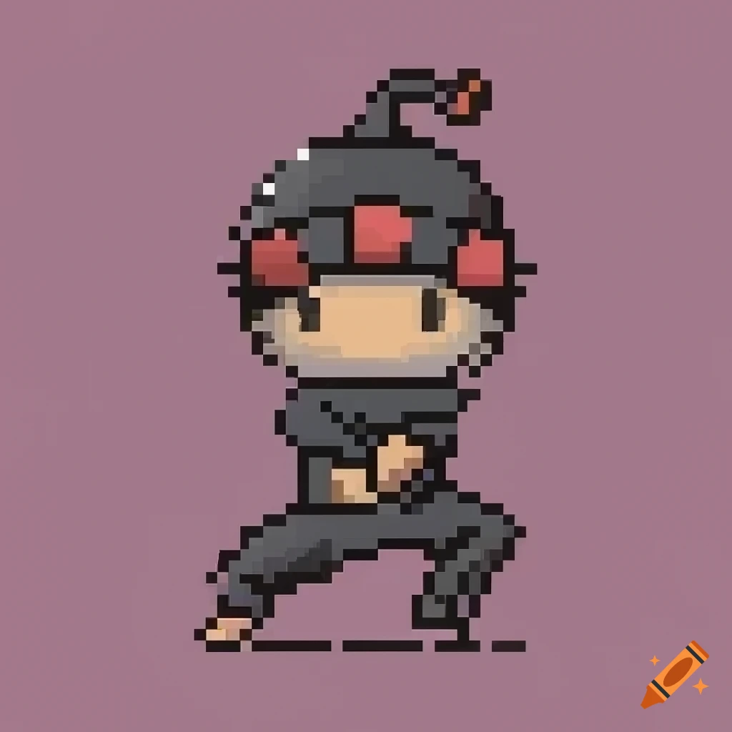 Pixel art of hello kitty ninja jumping with dithering technique on Craiyon
