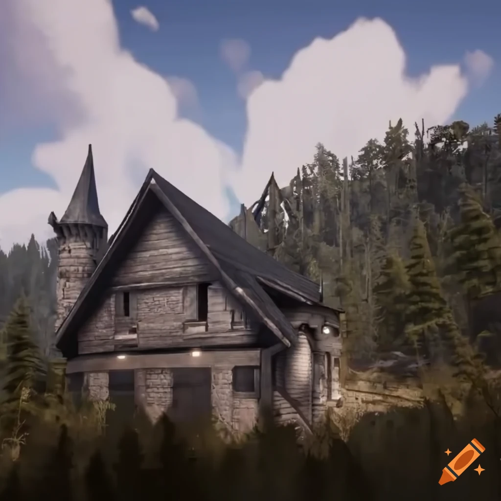 White castle with timber frame, towers, and Australian taiga forest ...