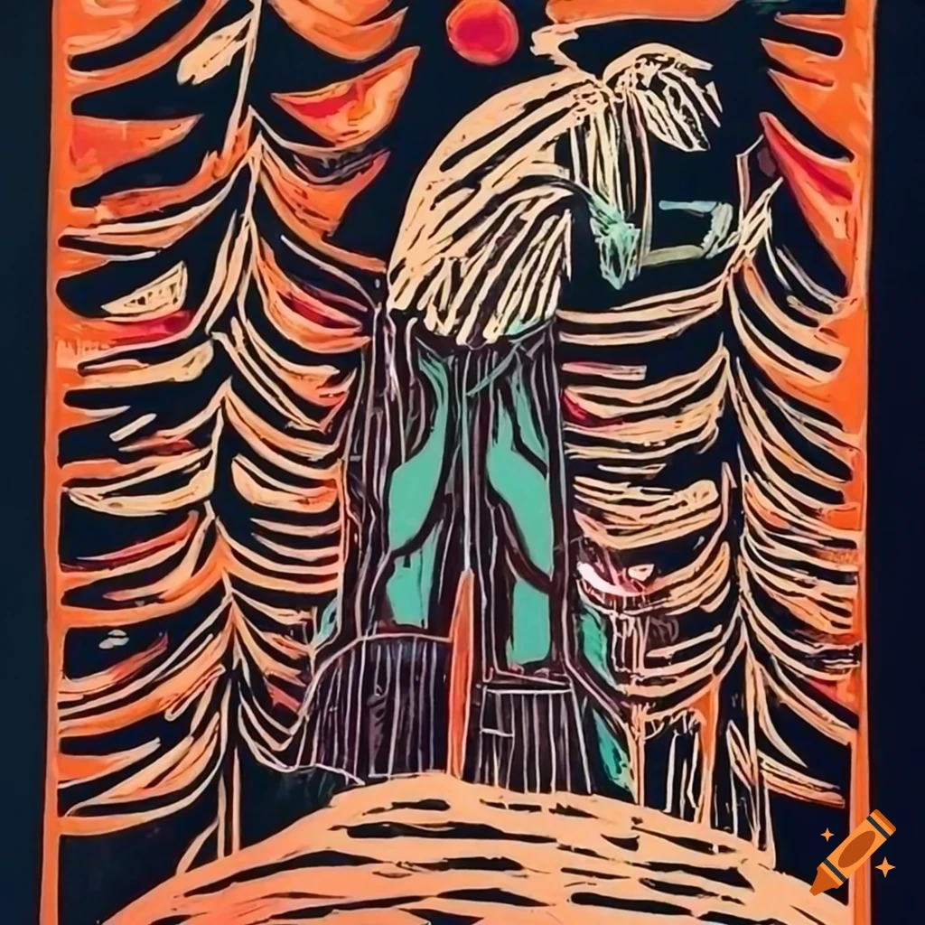 Vibrant lino cut print of a forest man with pine tree on Craiyon