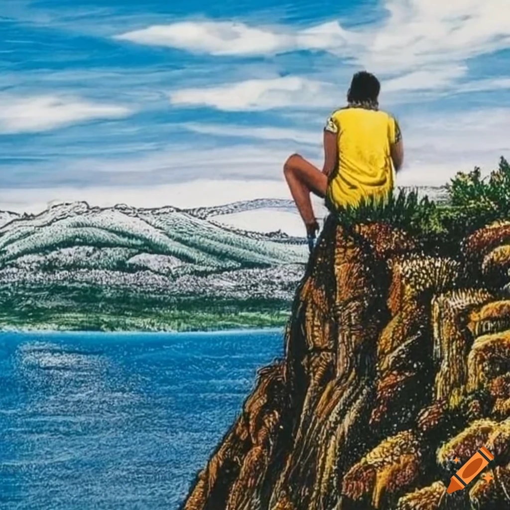 Man sitting on a cliff enjoying an amazing landscape in colored pencil ...