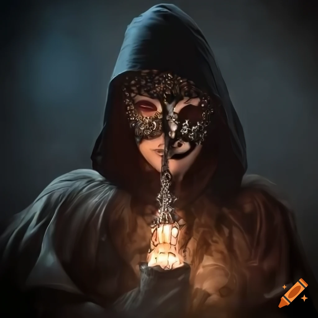 Legendary gunslinger alchemist in black robe with masquerade mask ...