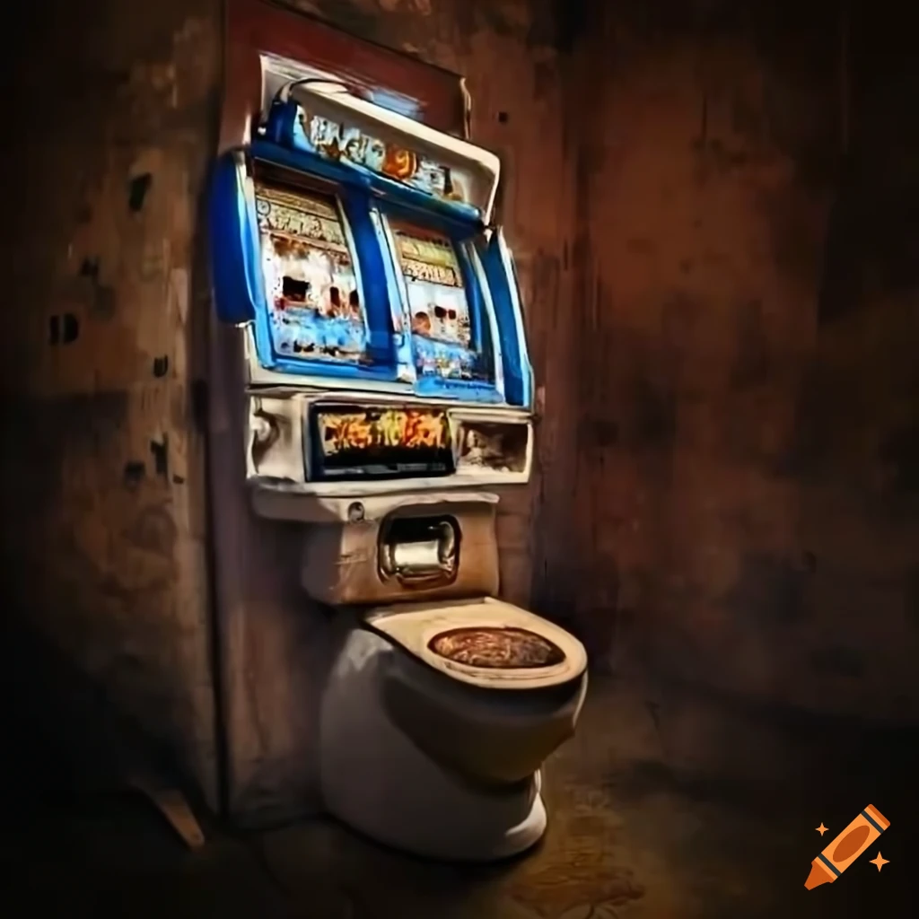 Cramped room with a slot machine next to an old toilet on Craiyon
