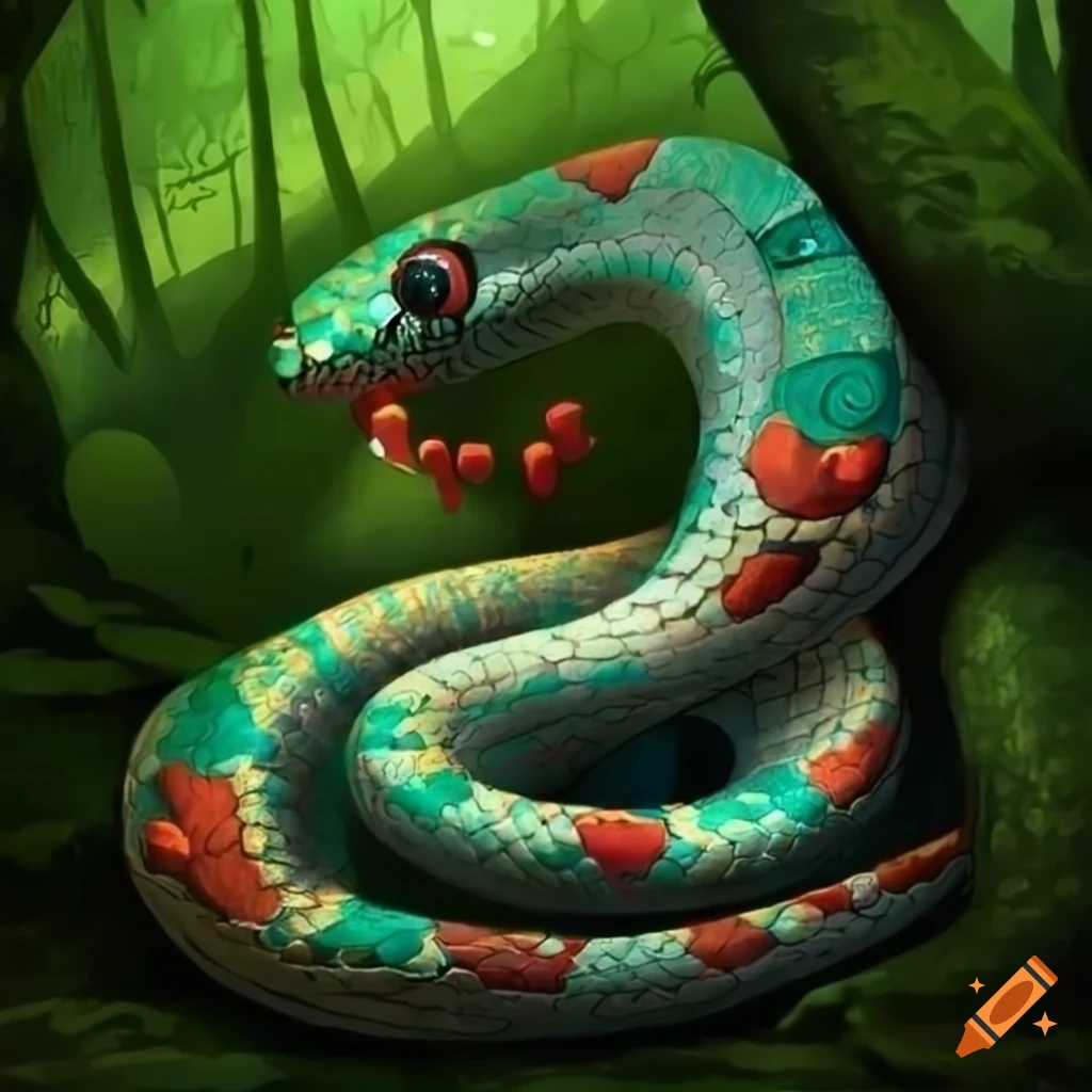 Little snake eating hearts in azteca forest art on Craiyon