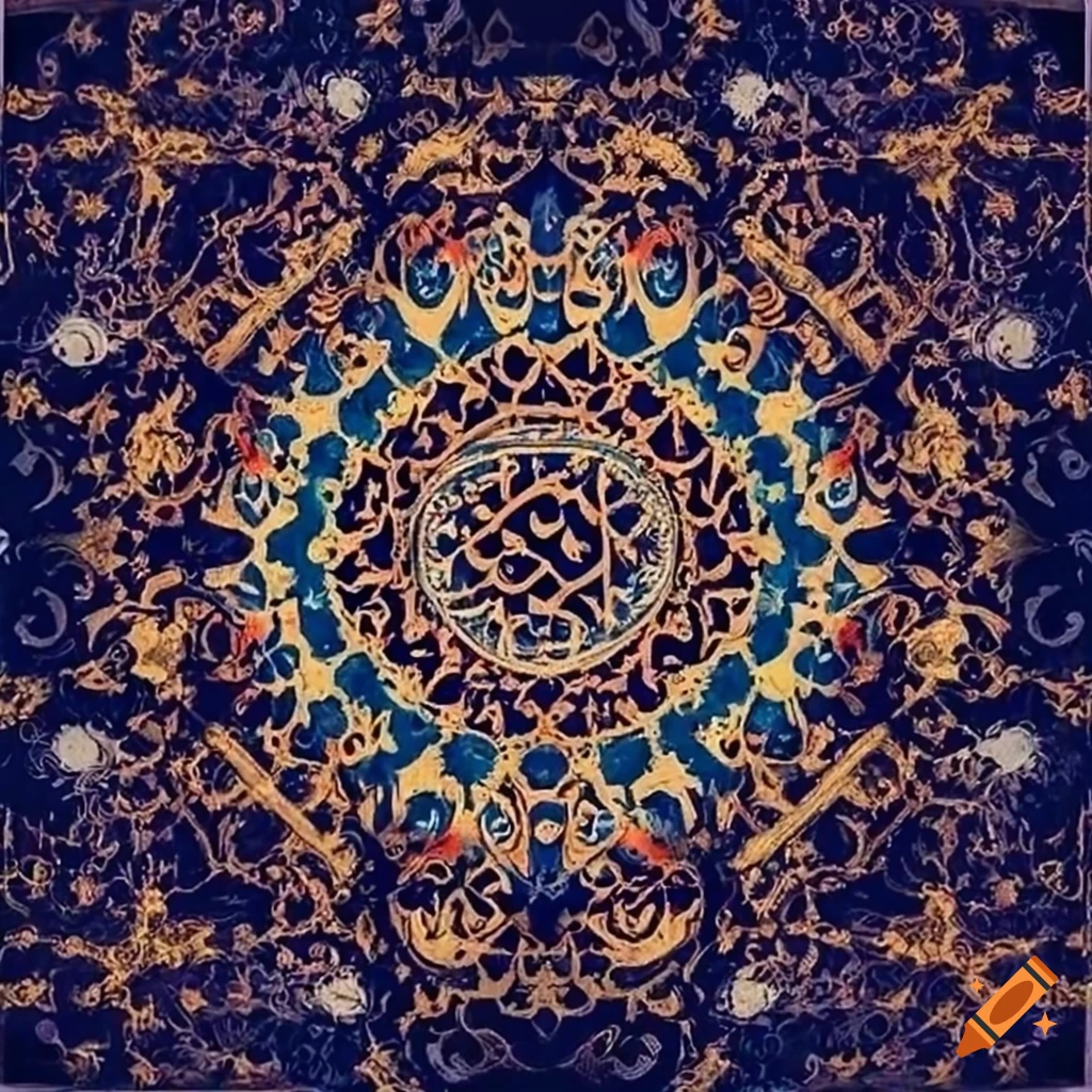 Medieval Muslim art with intricate patterns and Arabic calligraphy on ...