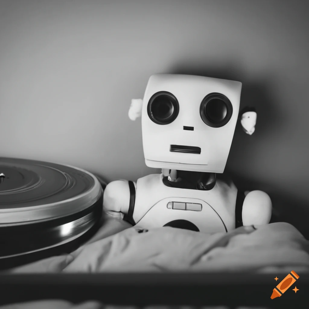 Toy robot sleeping next to record player in black and white cinematic ...