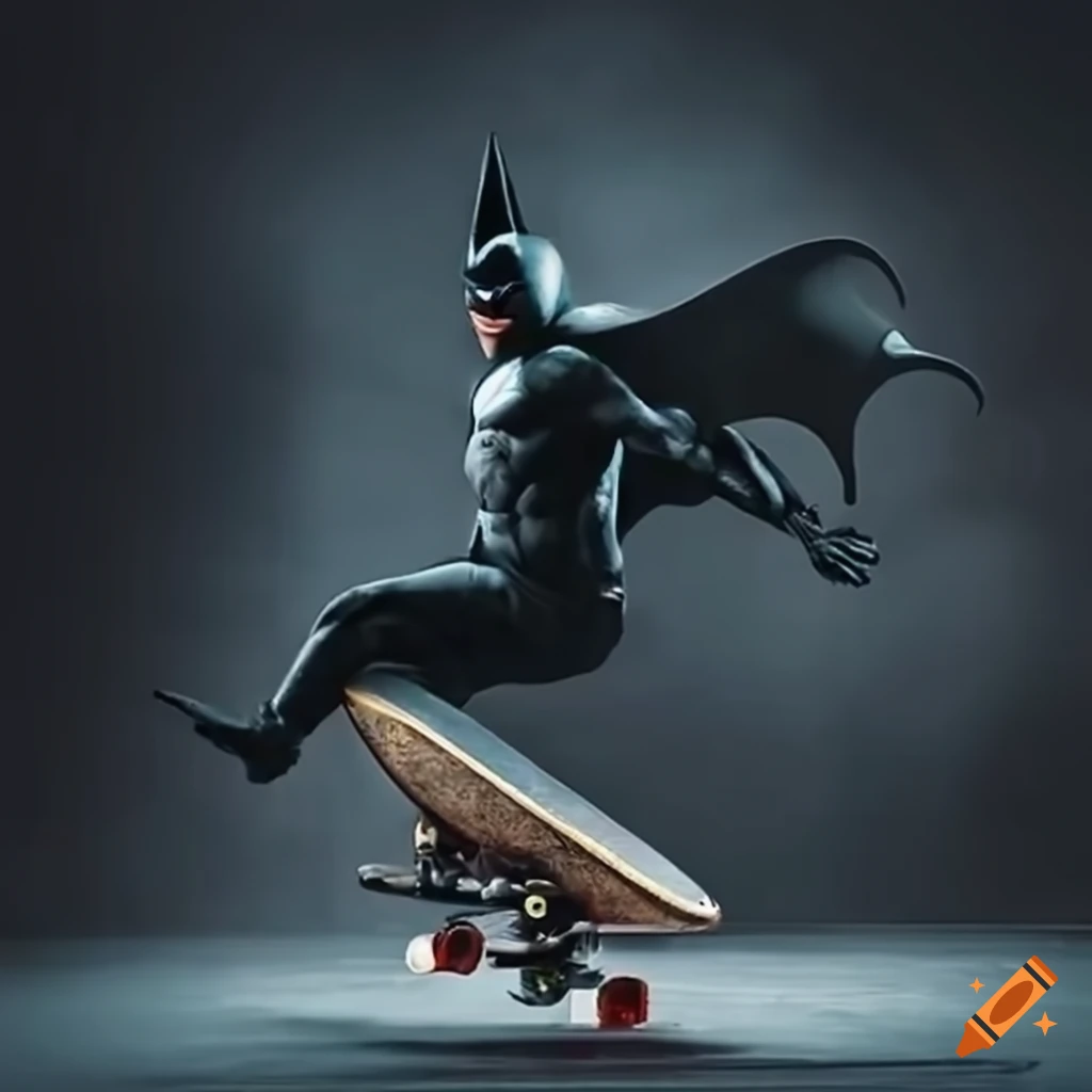Batman doing a kickflip on a skateboard with photo-realistic details on ...