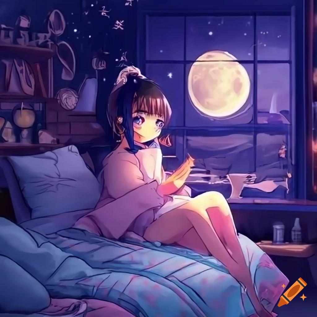 Dreamy cozy moon-themed anime lo-fi bedroom with an anime girl sitting ...