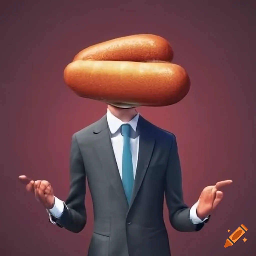Man in suit with a hot dog head on Craiyon