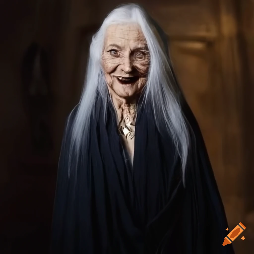 Friendly old witch with long white hair and black robe in sharp lighting on Craiyon