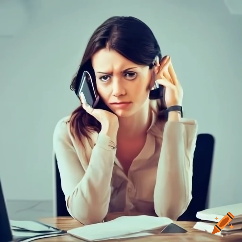 Nervous woman answering phone in an office setting on Craiyon