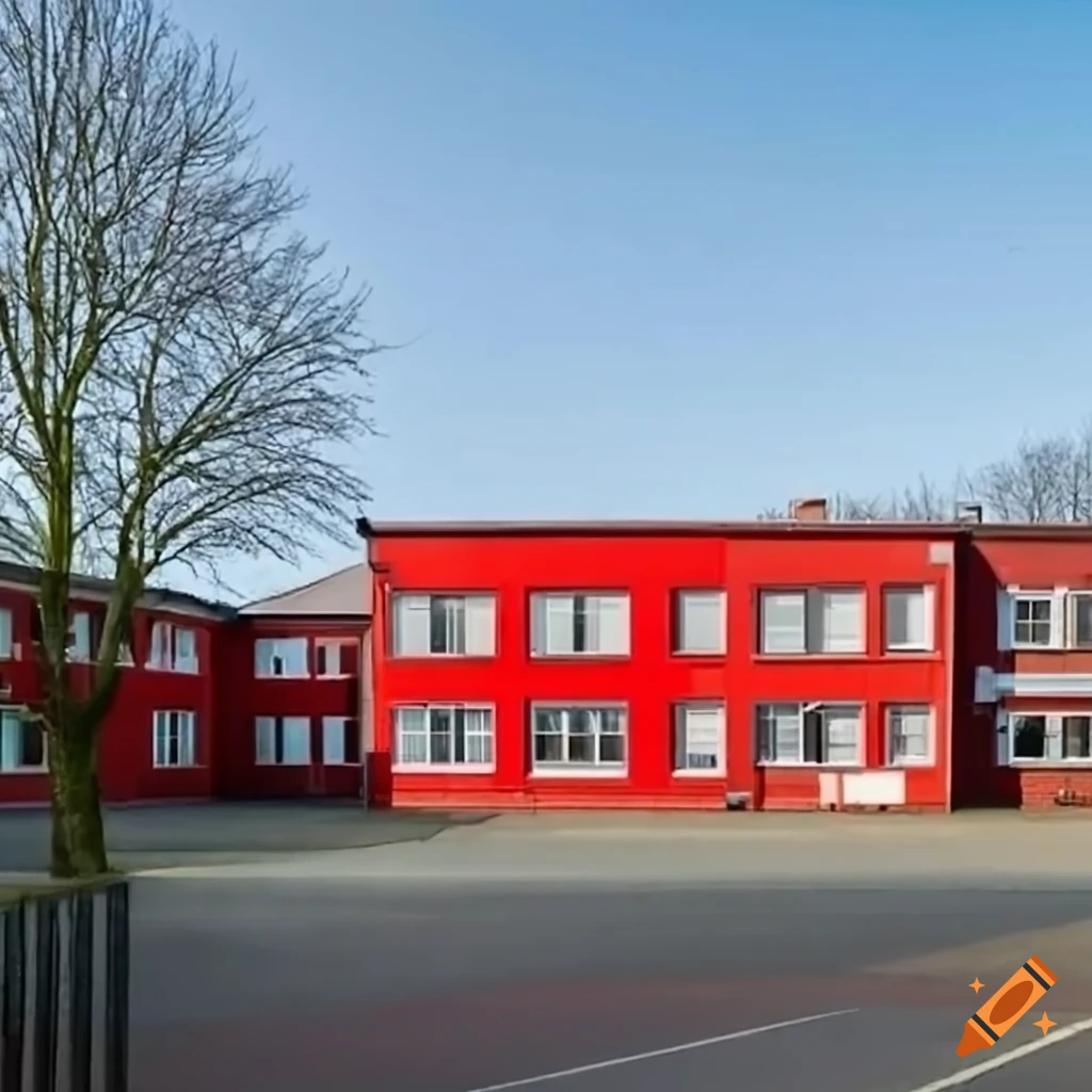 Two-storey school buildings with a grey yard in between on Craiyon