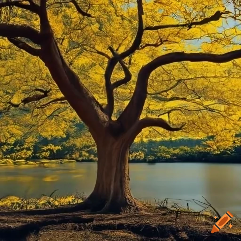 Yellow big ipe tree near a river on a rainy day on Craiyon