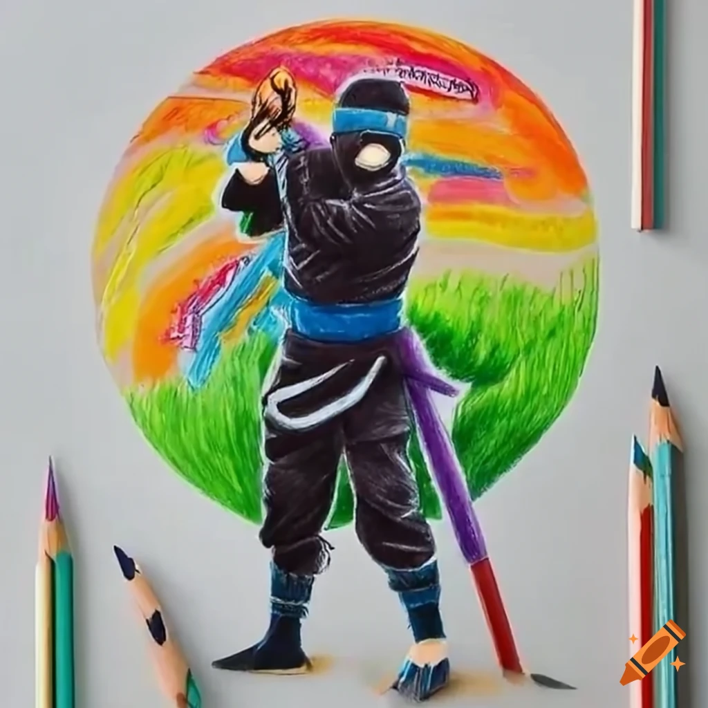 Colorful colored pencil illustration of a ninja in a vibrant setting on ...