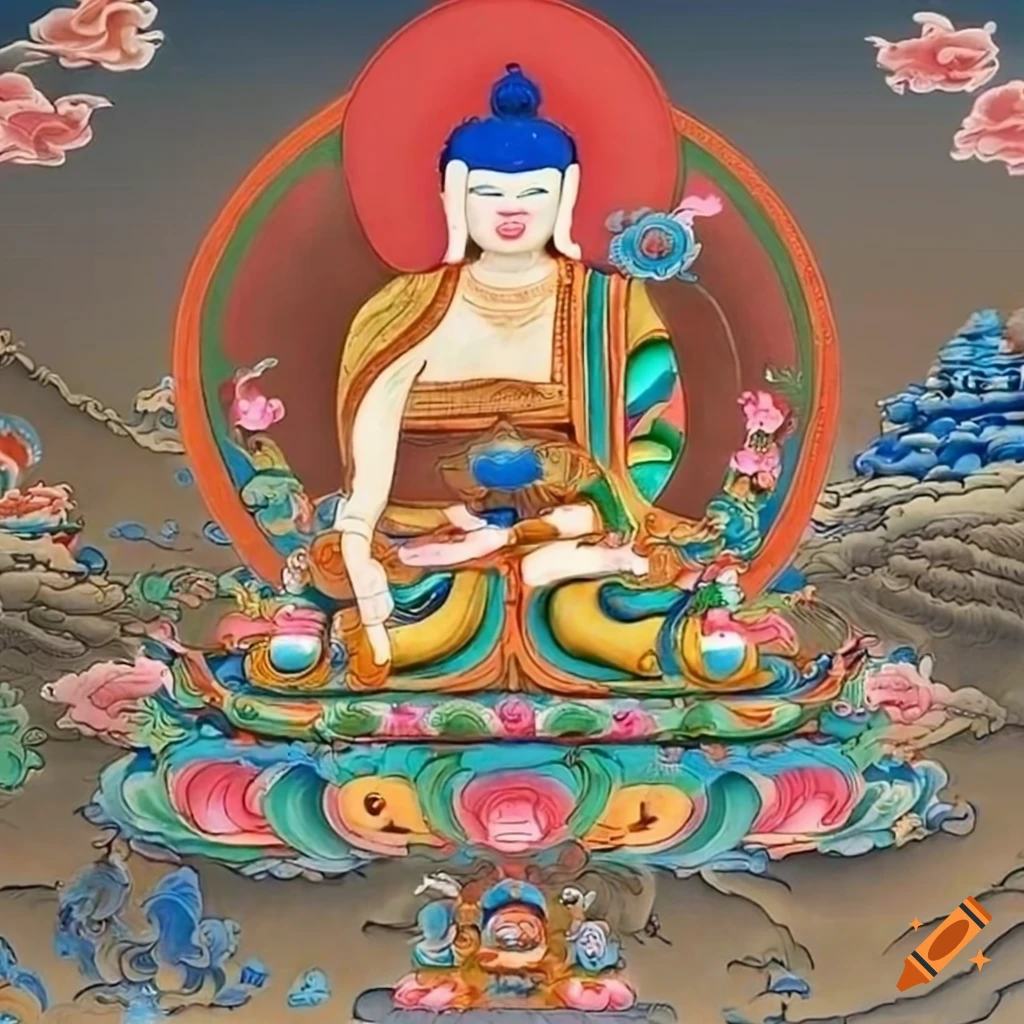 Tibetan buddhist art with the buddha surrounded by vibrant colors on ...