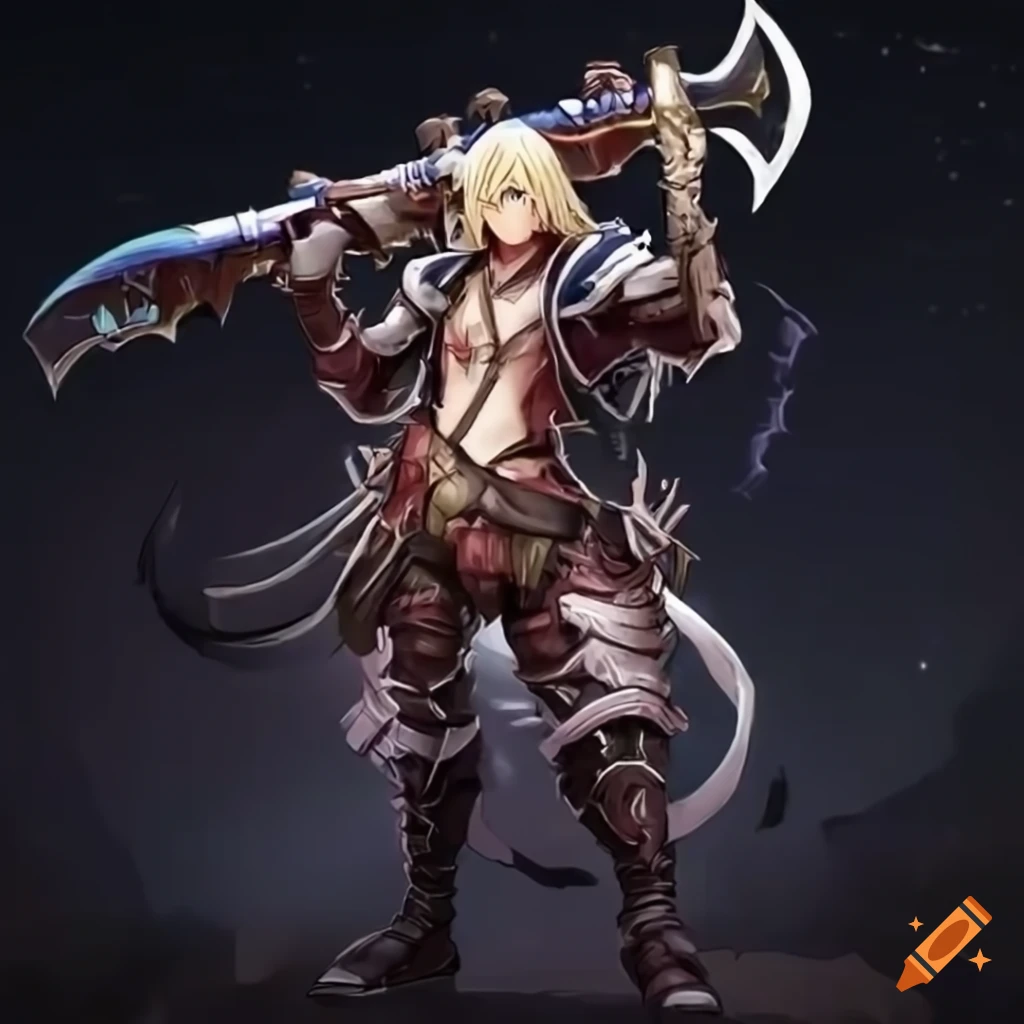 Anime fantasy musketeer berserker with pulse guns and blades under a ...