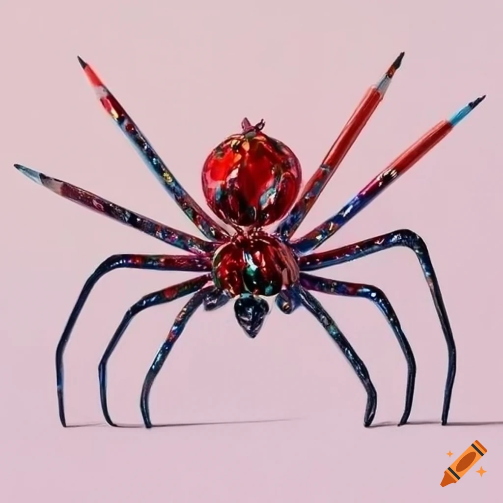 Colored pencil drawing of a pomegranate glass metal spider in four ...