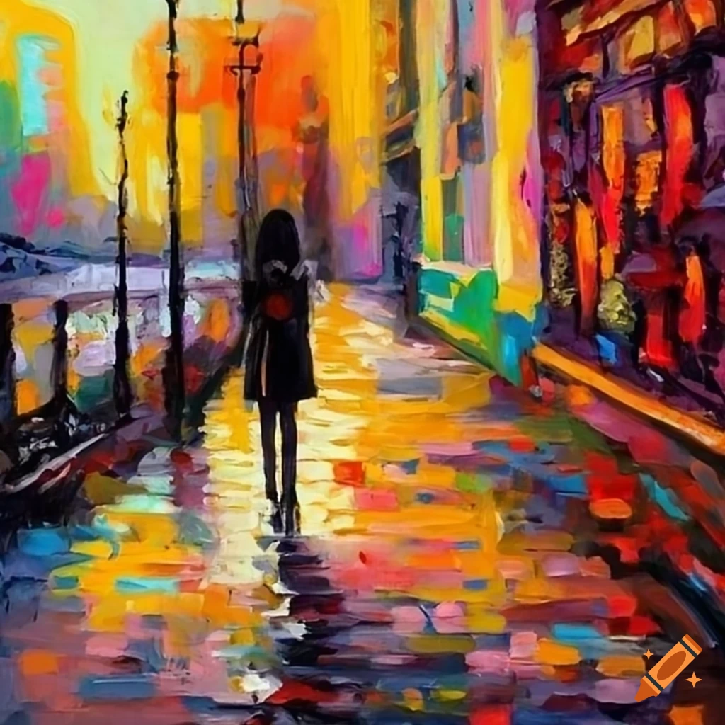 Lonely girl walking along graffiti walls with beautiful faces in an ...