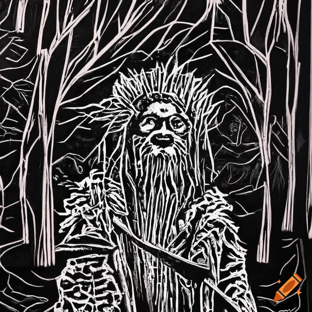 Lino cut print art of a wild man in the forest on Craiyon