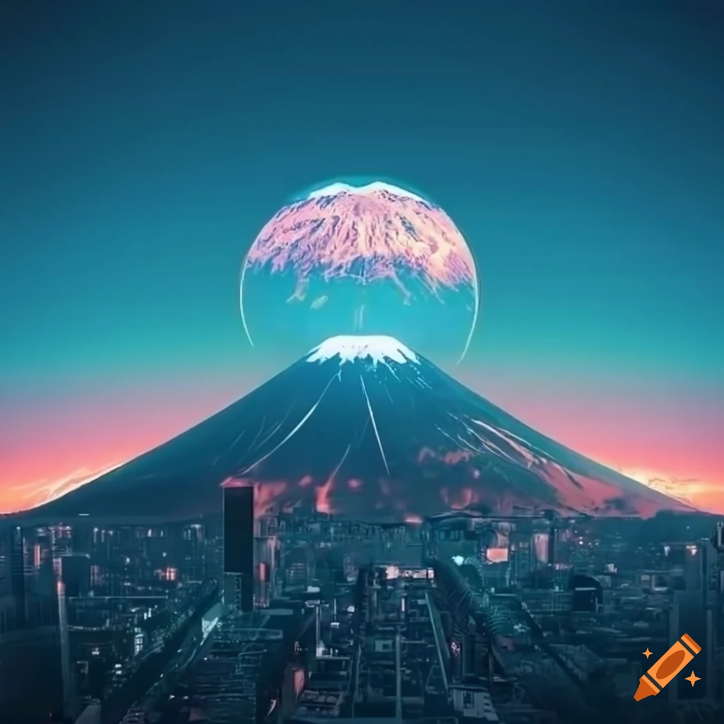 Japanese futuristic landscape with tokyo and mt. fuji in cgi style on ...